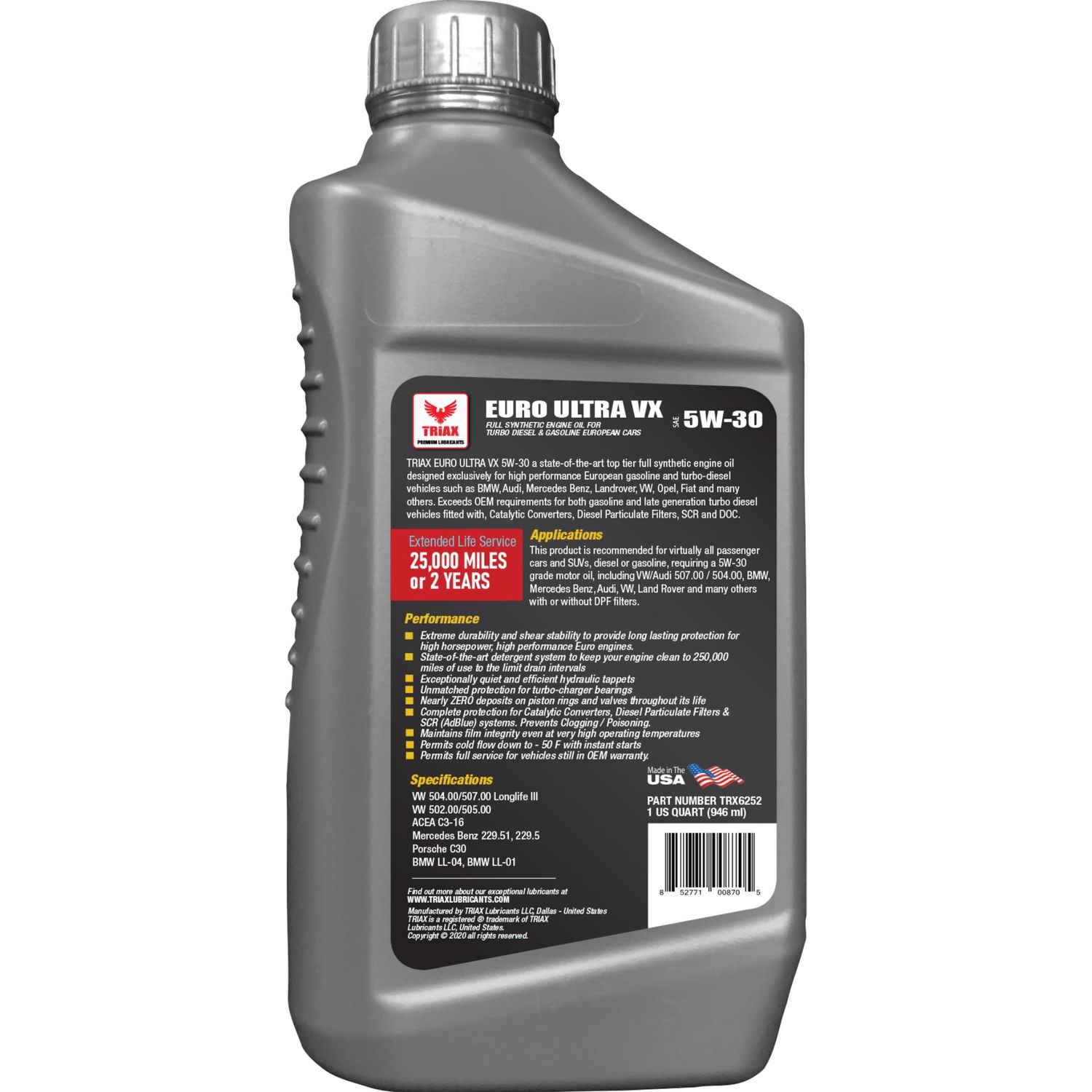 Triax Lubricants Euro Ultra VX VW 507 and 504 Engine Oil Full Synthetic ...