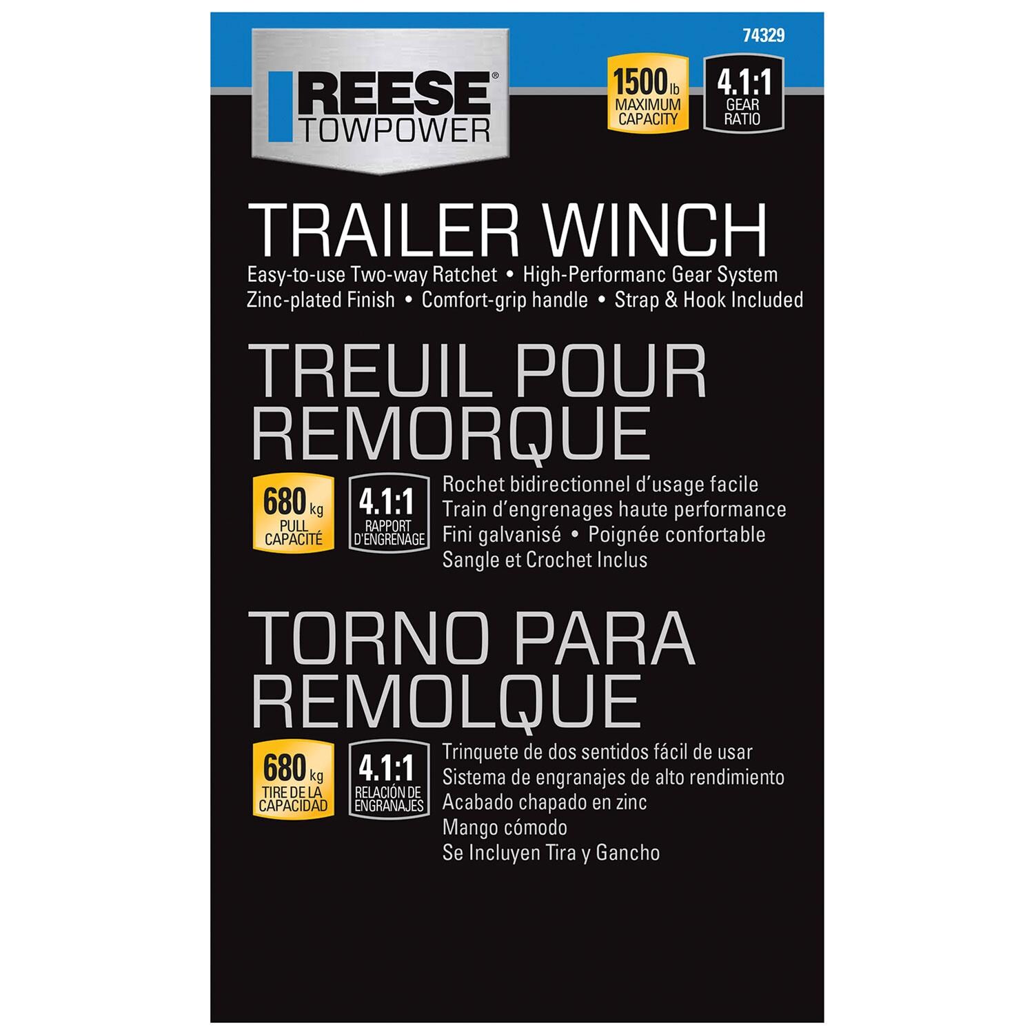 REESE Towpower 1500lbs hitch winch with 20ft strap and hook | AutoZone