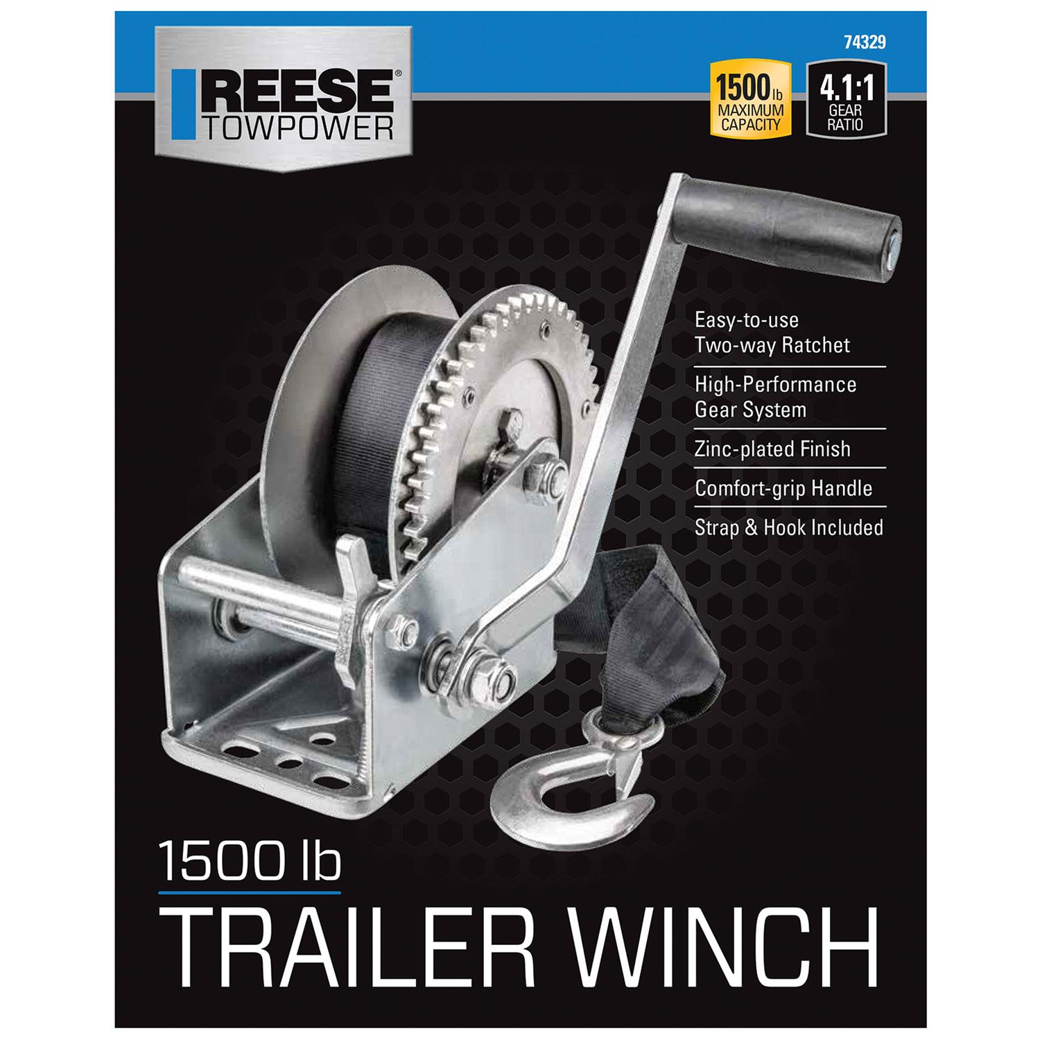 REESE Towpower 1500lbs hitch winch with 20ft strap and hook | AutoZone