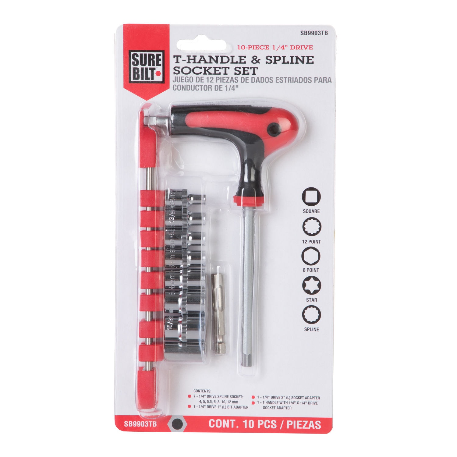 SureBuilt 1/4in Drive T-Handle/Square Star/Torx Spline Bit Set 10 Piece ...