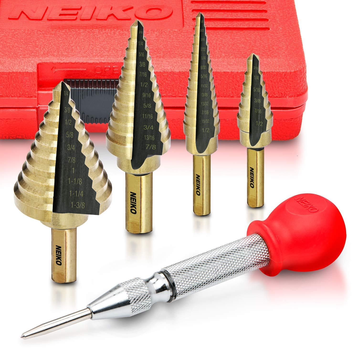 NEIKO 1/8in 1-3/8in HSS, 2-Flute Step Drill Bit Set and Automatic ...