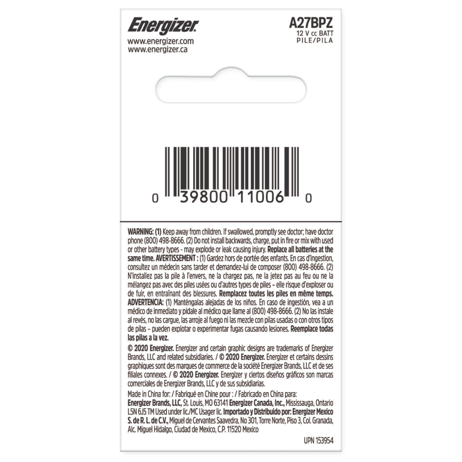 Energizer A27 12 Volt Alkaline Miniature Pack | AutoZone
